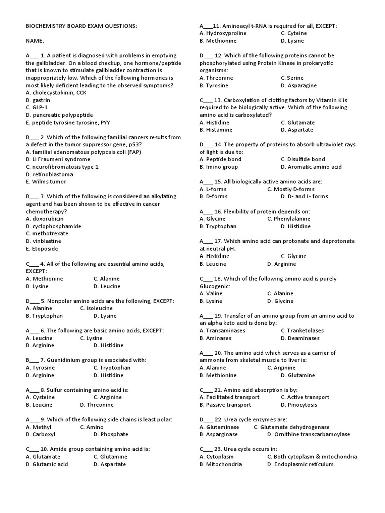 BIOCHEMISTRY Exam | PDF | Amino Acid | Glucose