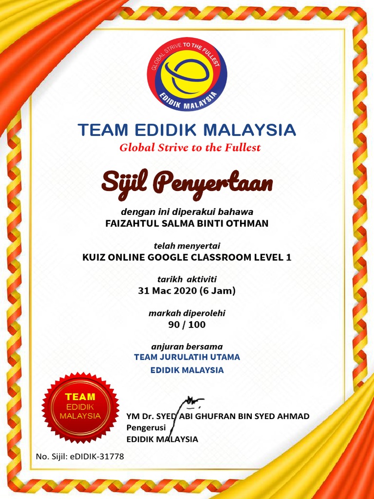 Sijil Kuiz Google Classroom Level 1 PDF | PDF