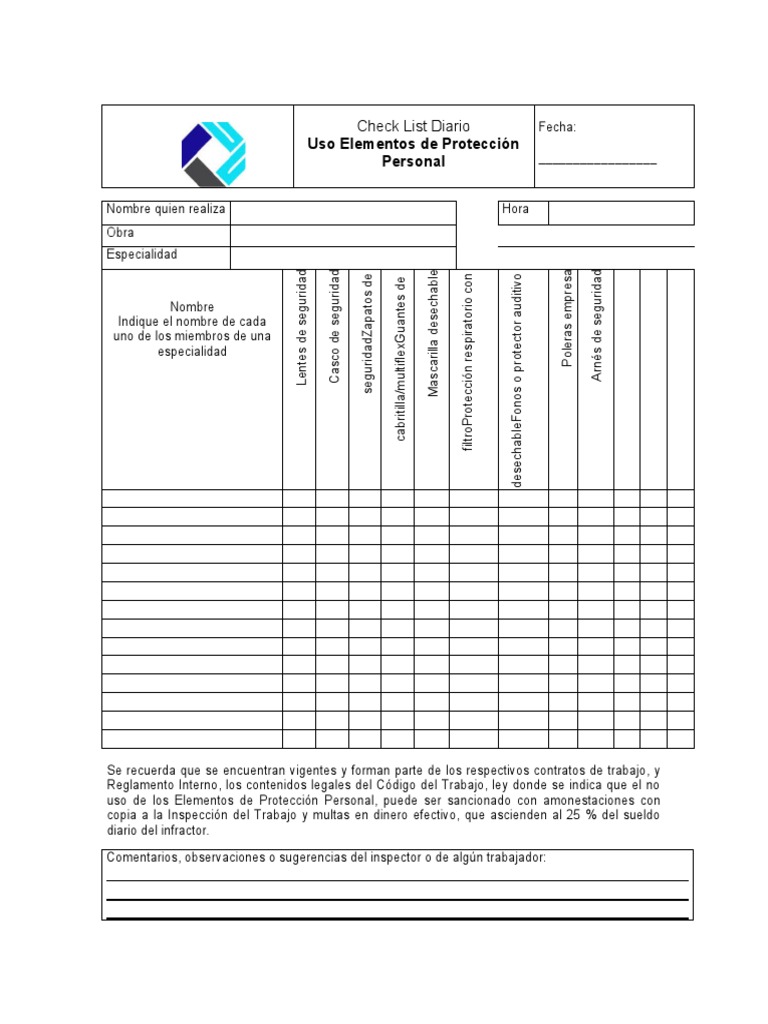 Uso Elementos de Protección Personal: Check List Diario | Gobierno ...