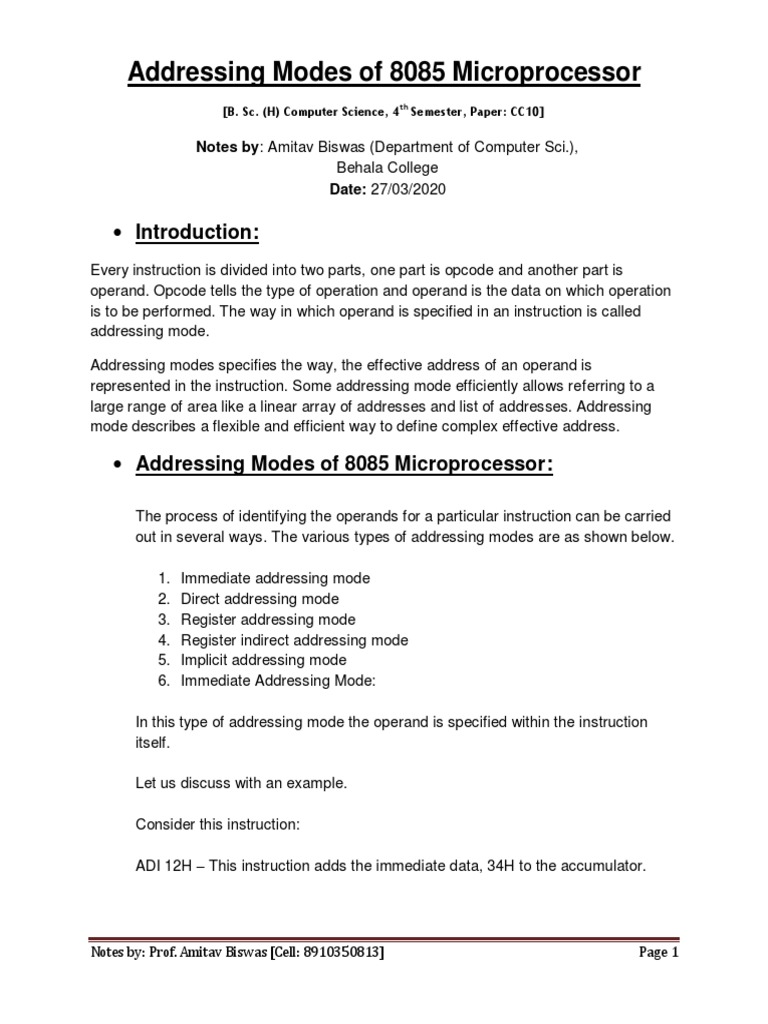 Addressing Modes of 8085 Microprocessor: Notes By: Amitav Biswas ...