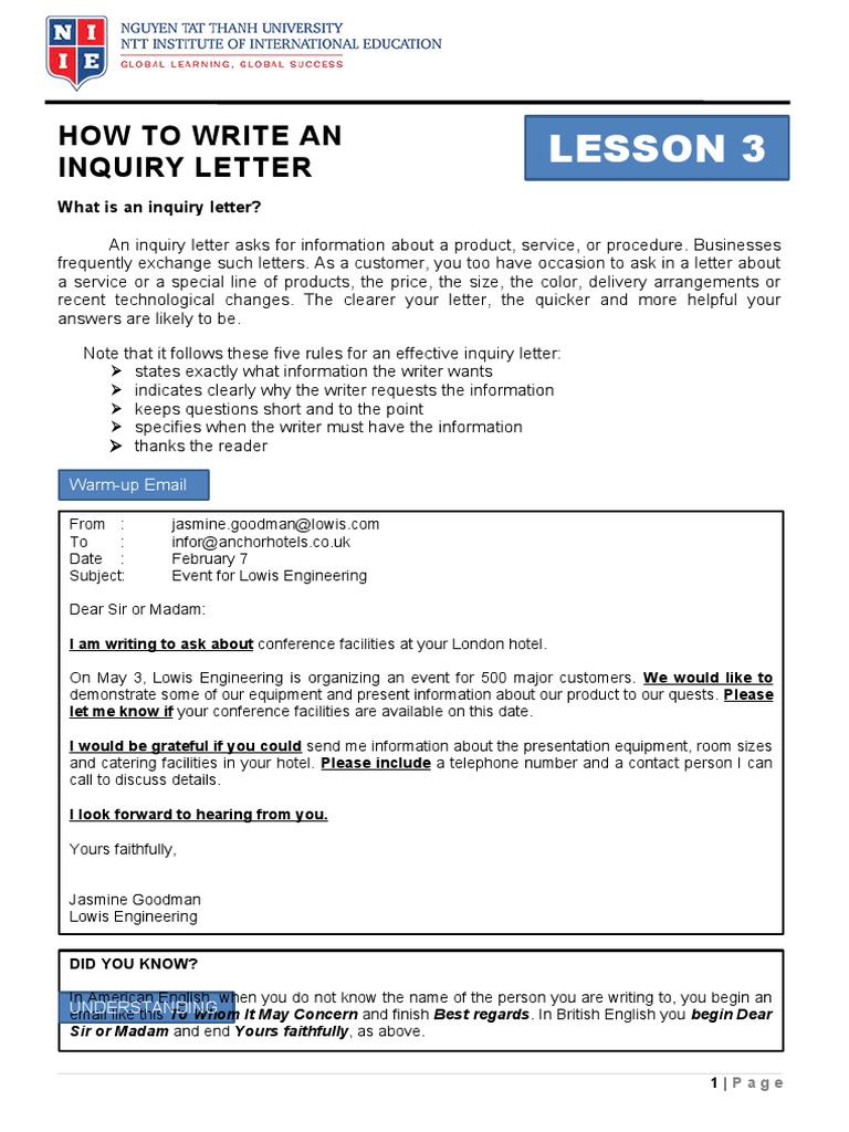 Lesson 3 Inquiry Letter | PDF