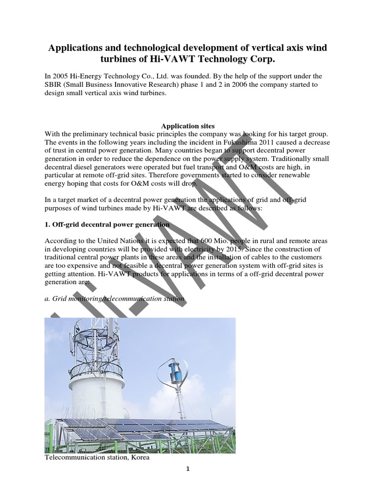 Applications and Technological Development of Vertical Axis Wind Turbines of Hi-VAWT Technology ...