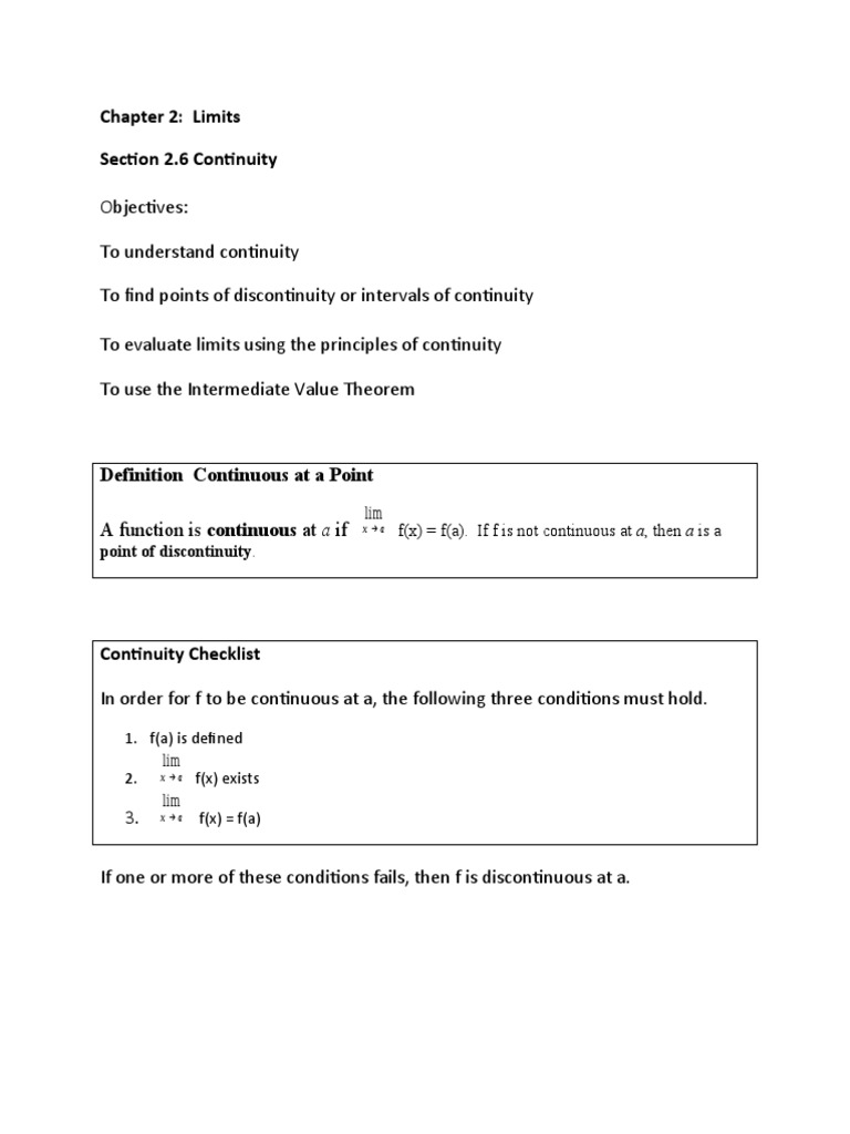Chapter 2: Limits Section 2.6 Continuity: Lim F (X) F (A) - If F Is Not Continuous at A, Then A ...