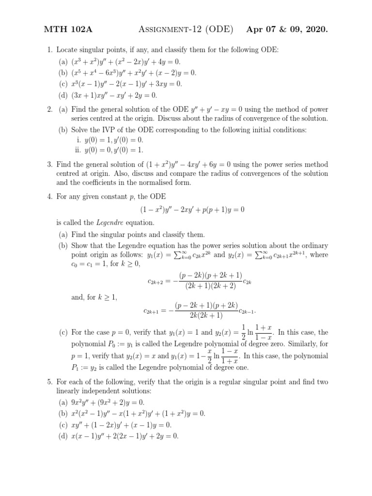 MTH 102A Assignment-12 (ODE) Apr 07 & 09, 2020 | PDF | Ordinary ...