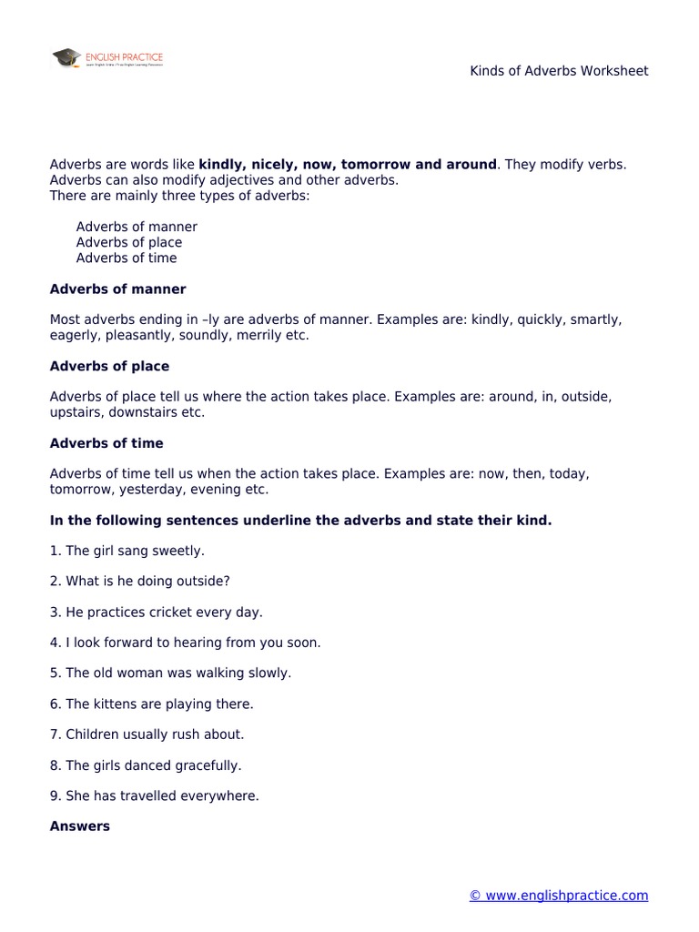 Kinds of Adverbs Worksheet with Answers | PDF | Language Arts ...