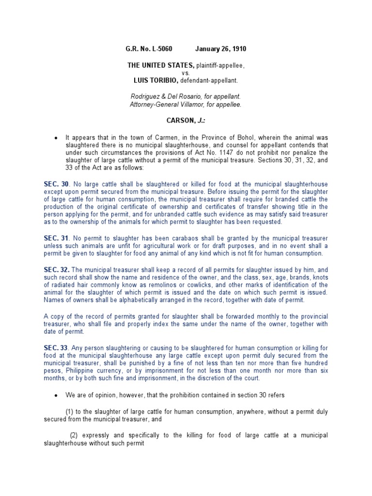 Consti Us Vs Toribio | PDF | Animal Slaughter | Eminent Domain