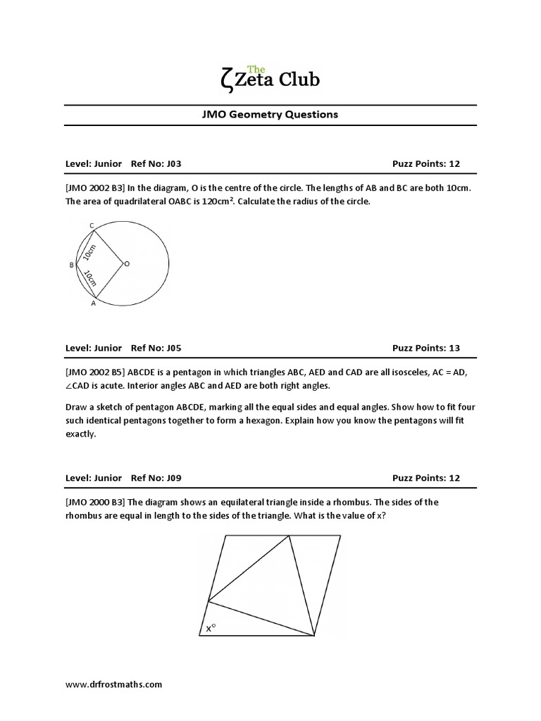 JMO Geometry Questions: Level: Junior Ref No: J03 Puzz Points: 12 | PDF ...