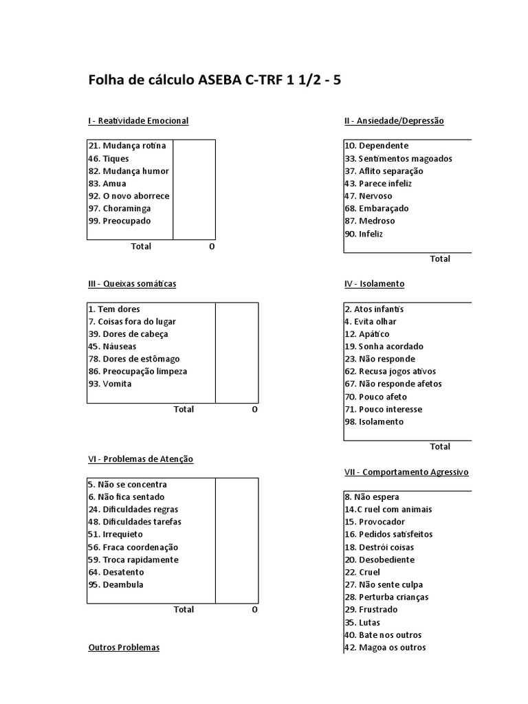Folha Cálcula ASEBA C-TRF 1,5 A 5 Anos | PDF