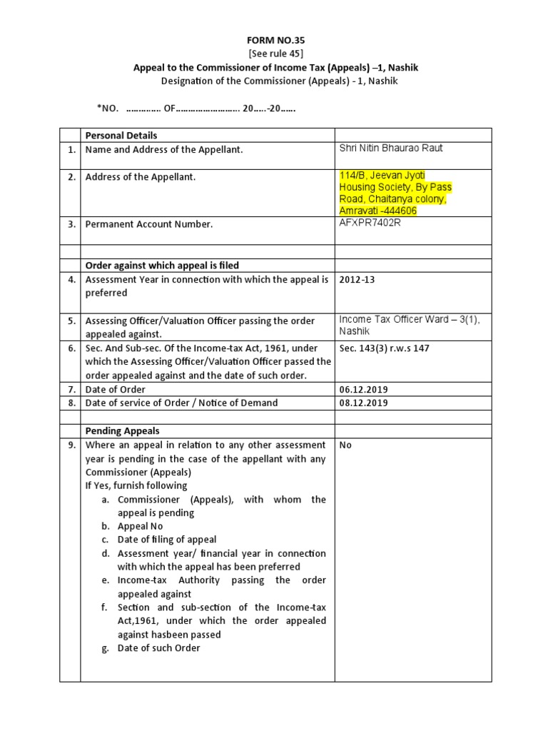 Form No.35 Appeal To The Commissioner of Income Tax (Appeals) - 1 ...