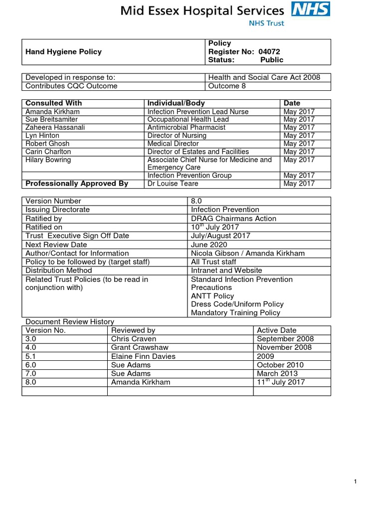Hand Hygiene Policy 8.0 | PDF | Hand Washing | Hygiene
