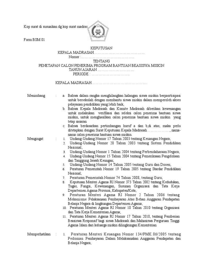 Contoh SK Tim Pelaksanan Dan Pokja BSM | PDF