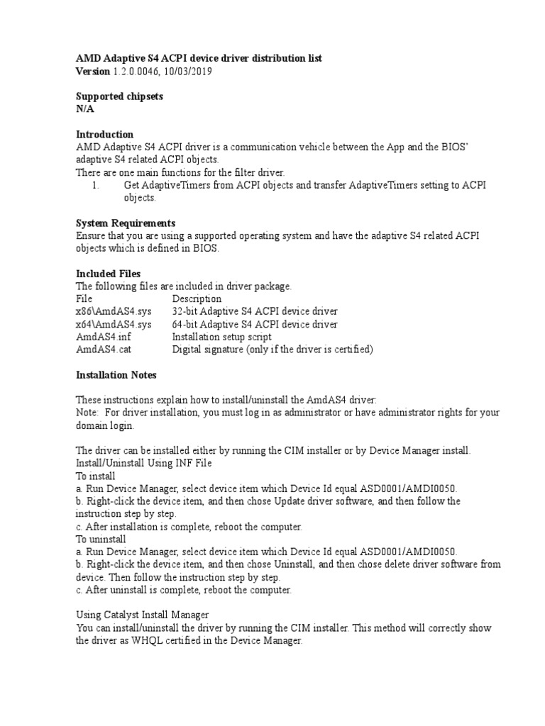 AMD Adaptive S4 ACPI Device Driver Distribution List Version 1.2.0.0046 ...