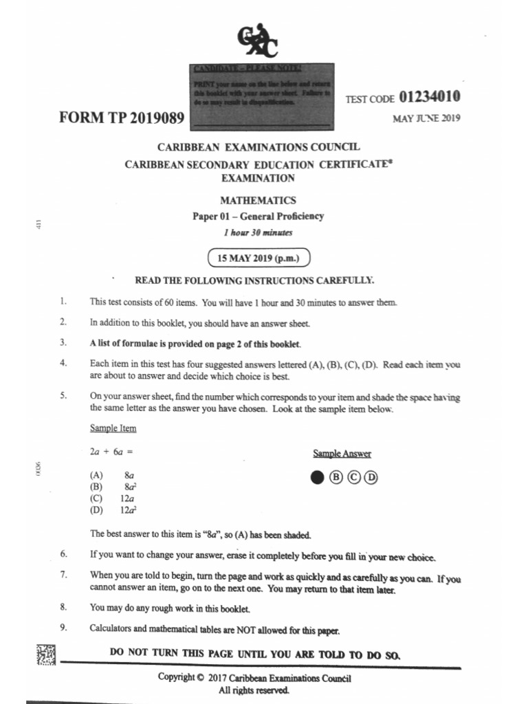 CSEC Math Paper 1 (May 2019)