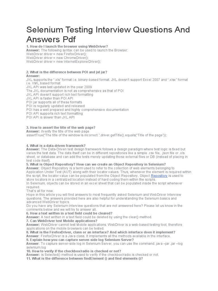 Selenium Testing Interview Questions and Answers PDF | PDF | Selenium ... Selenium Testing Interview Questions and Answers PDF | PDF | Selenium ...