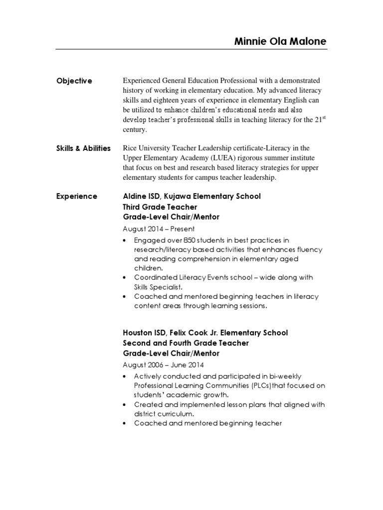 Resume Minnie Malone | PDF | Teachers | Literacy