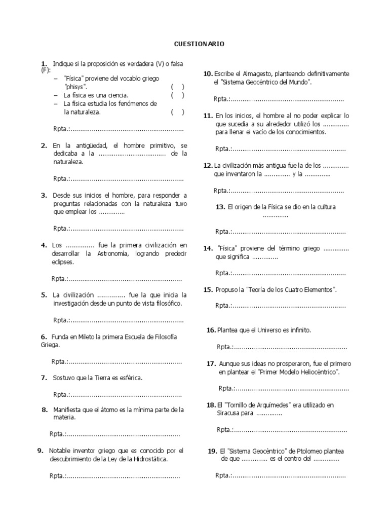 Fisica Cuestionario - CP1 | PDF | Ptolomeo | Heliocentrismo