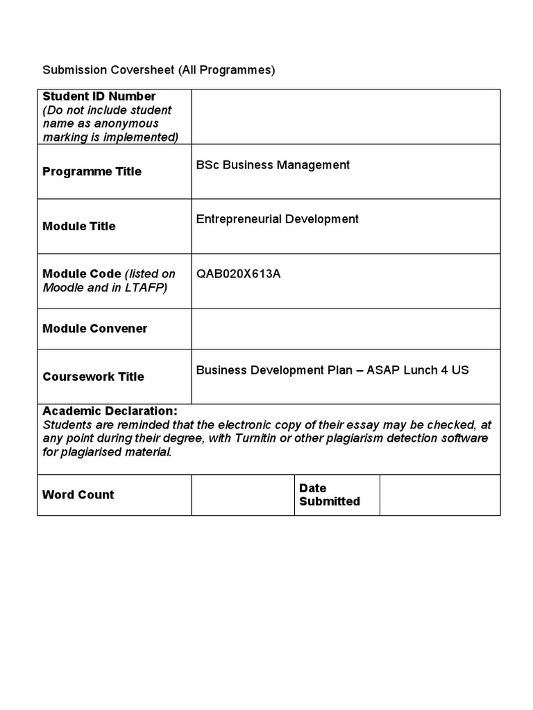 Student ID Number: Submission Coversheet (All Programmes) | PDF ...