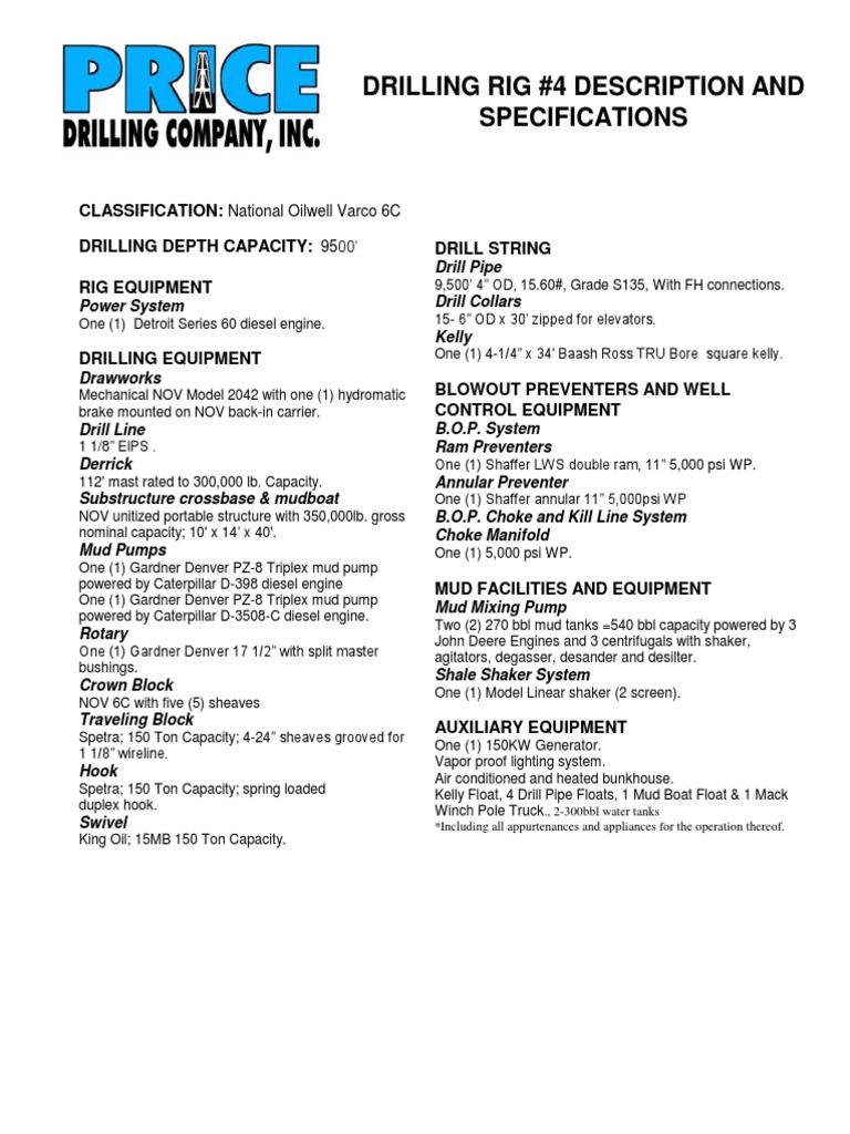 Drilling Rig #4 Description and Specifications: Classification ...