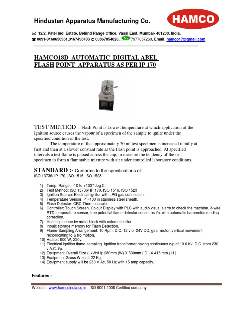 Automatic Digital Abel Flash Point Apparatus: Technical Specifications ...