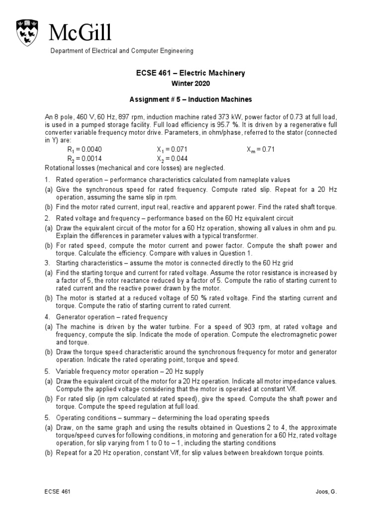 Mcgill: Ecse 461 - Electric Machinery | PDF | Electric Motor | Electric ...