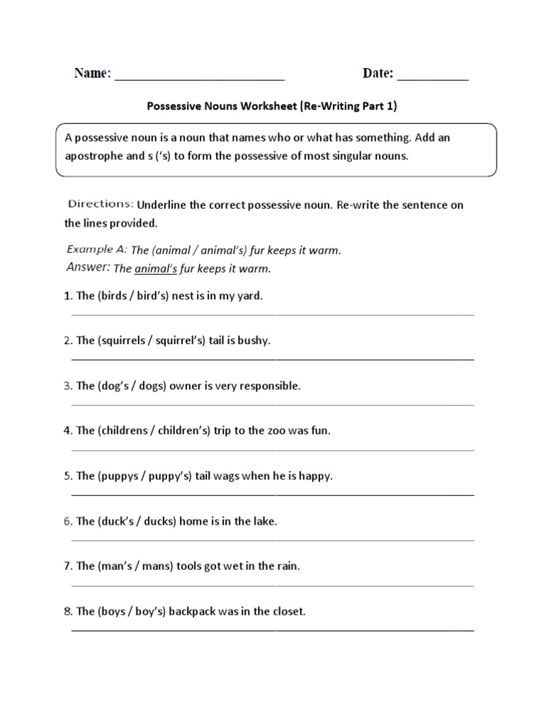 Possessive Nouns Worksheet (Re-Writing Part 1) | PDF