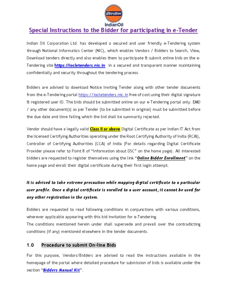 Special Instructions To The Bidder For Participating in E-Tender | PDF ...