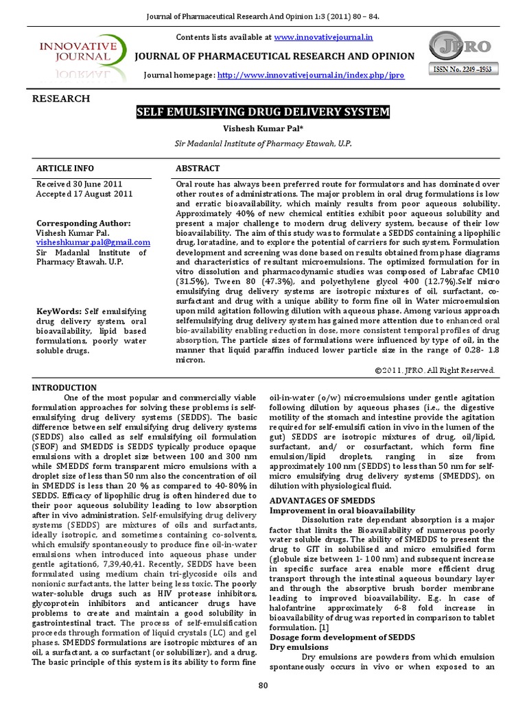 Self Emulsifying Drug Delivery System: Journal of Pharmaceutical ...