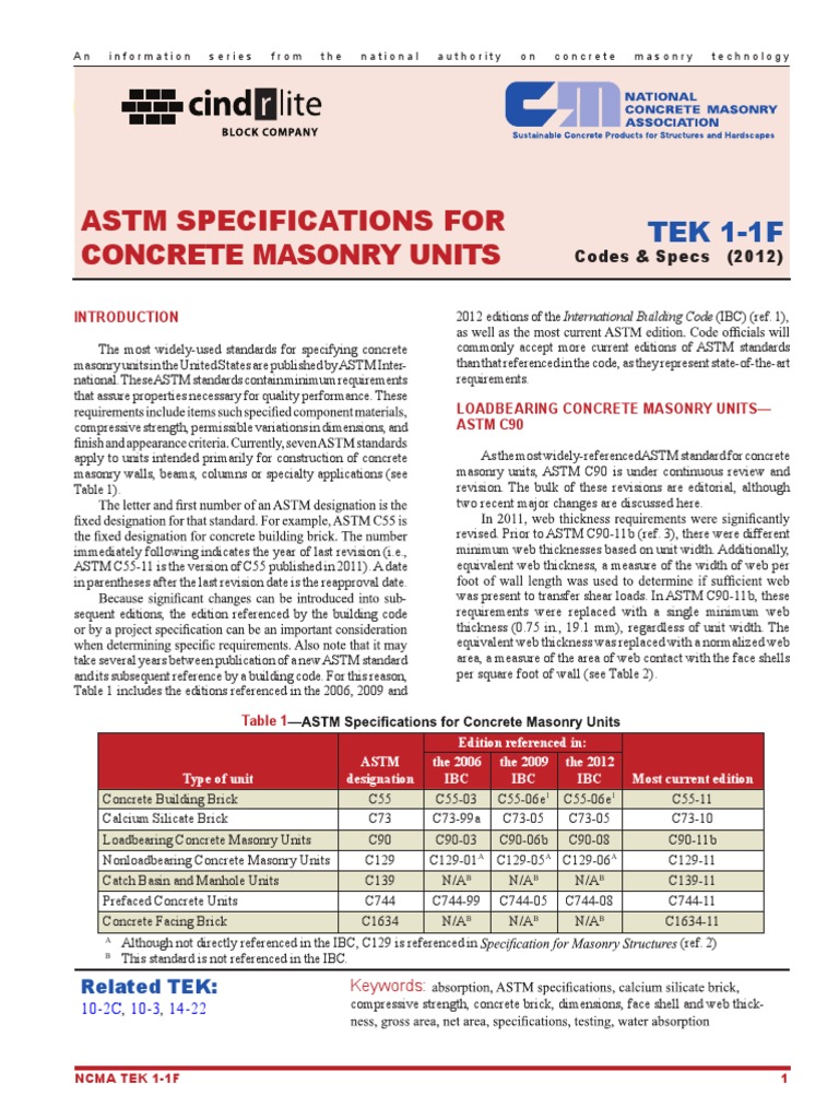 Astm Specifications For Concrete Masonry Units: TEK 1-1F | PDF ...