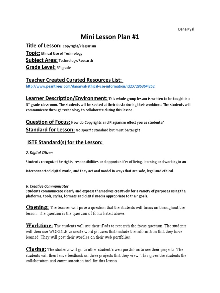 Mini Lesson Plan #1: Title of Lesson: Topic: Subject Area: Grade Level ...