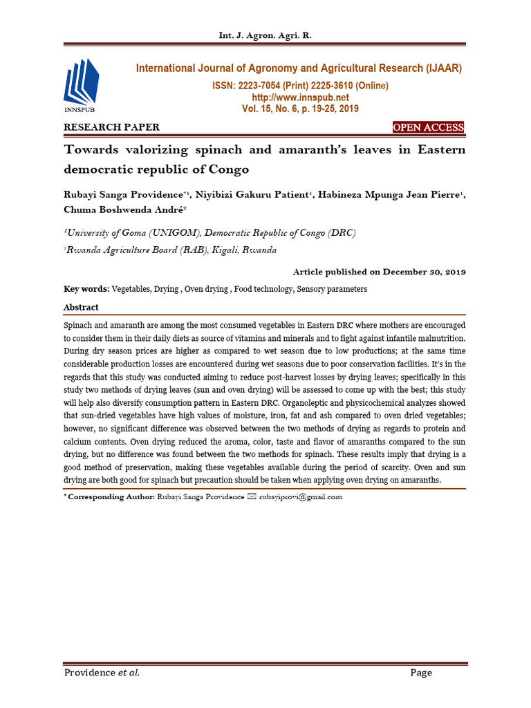 Towards Valorizing Spinach and Amaranth's Leaves in Eastern Democratic ...