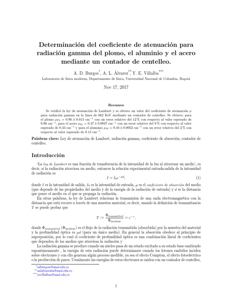Determinaci N Del Coeficiente de Atenuaci N para Radiaci N Gamma Mediante Un Contador de ...