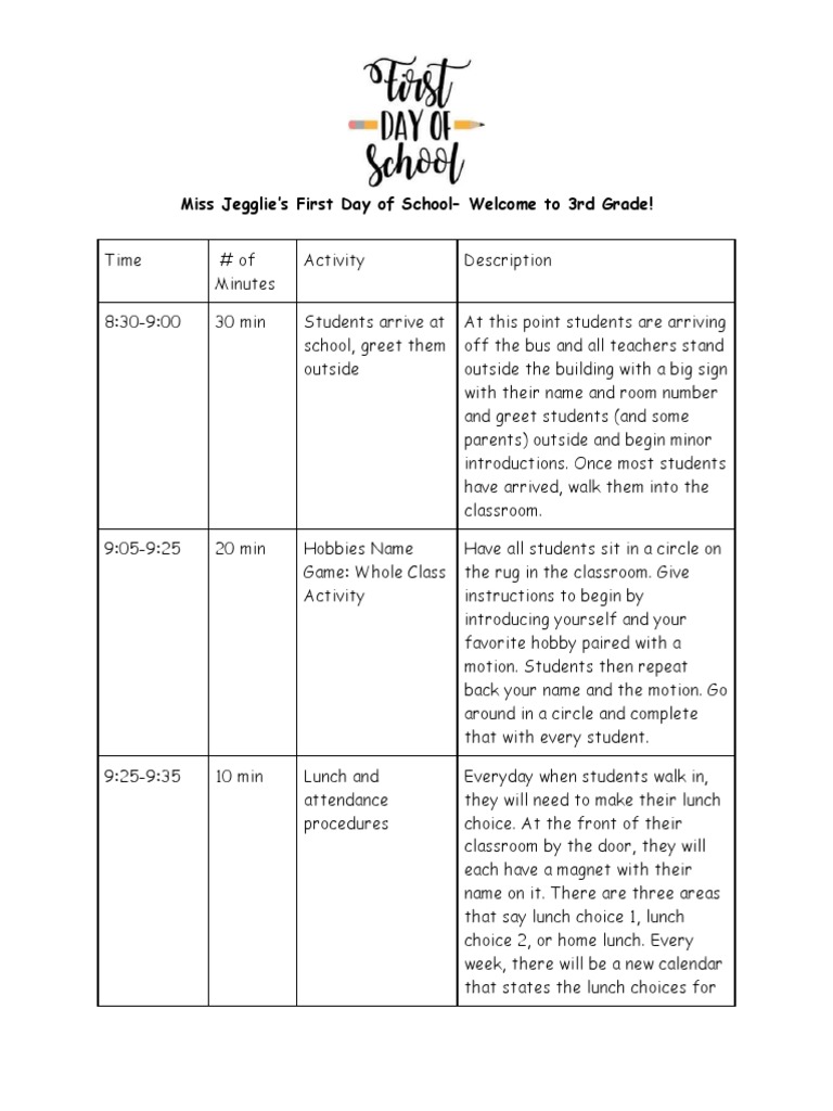 First Day of School Schedule | PDF | Lunch | Classroom