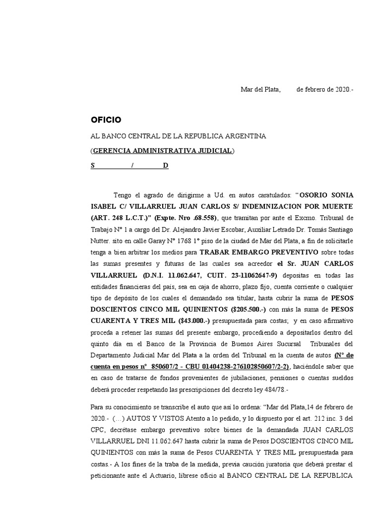 Oficio EMBARGO Banco Central | PDF | Bancos | Economias