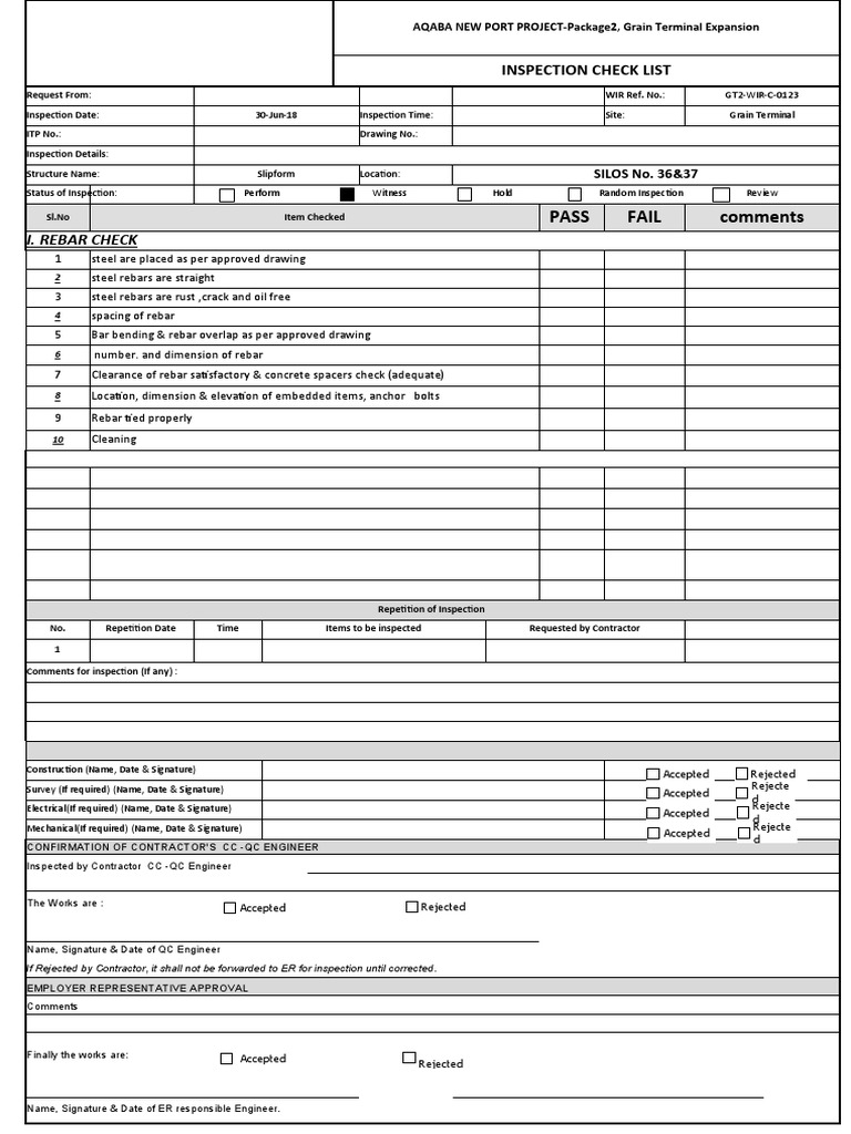 Rebar Inspection Checklist for Grain Terminal | PDF | Building ...