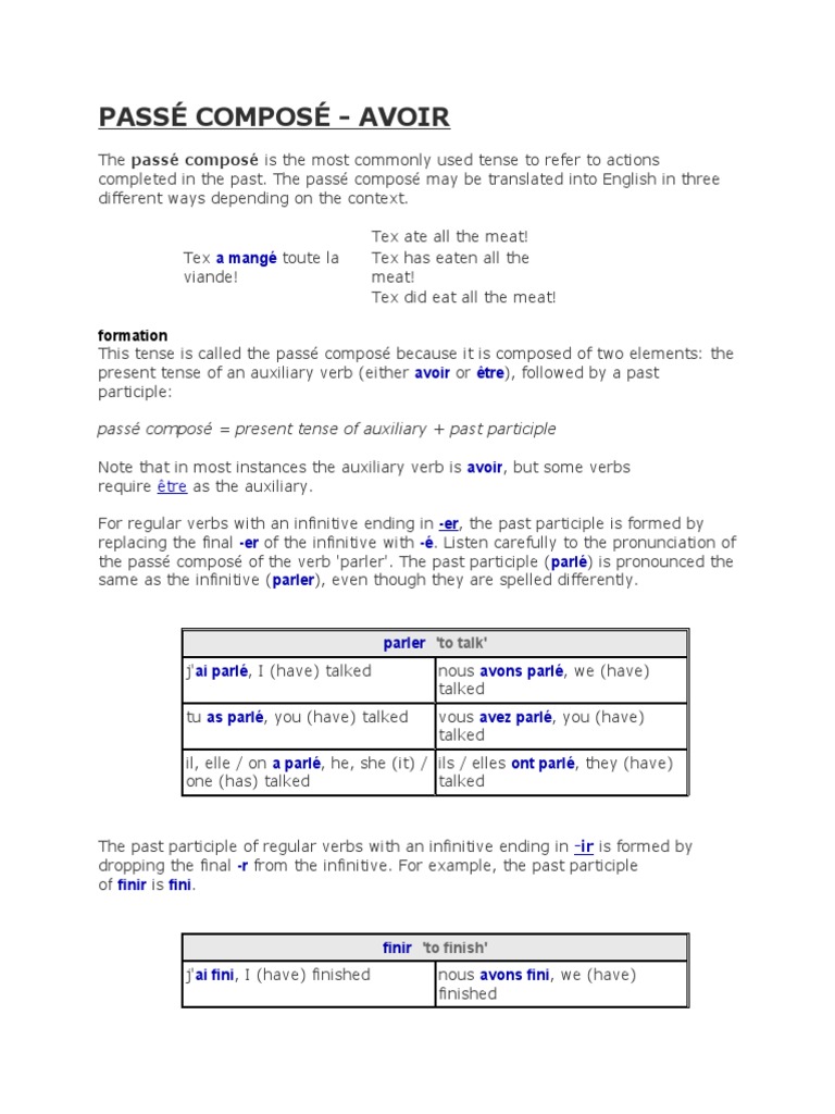 Passé Composé - Avoir | PDF | Semantic Units | Grammatical Conjugation