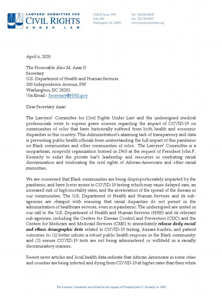 LCCR Dhhs Letter Covid 19 | PDF | United States Department Of Health ...