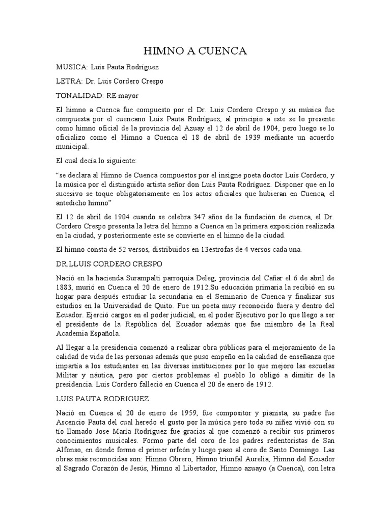 Himno a Cuenca: Historia y Letra | PDF | Ludwig Van Beethoven | Johann ...
