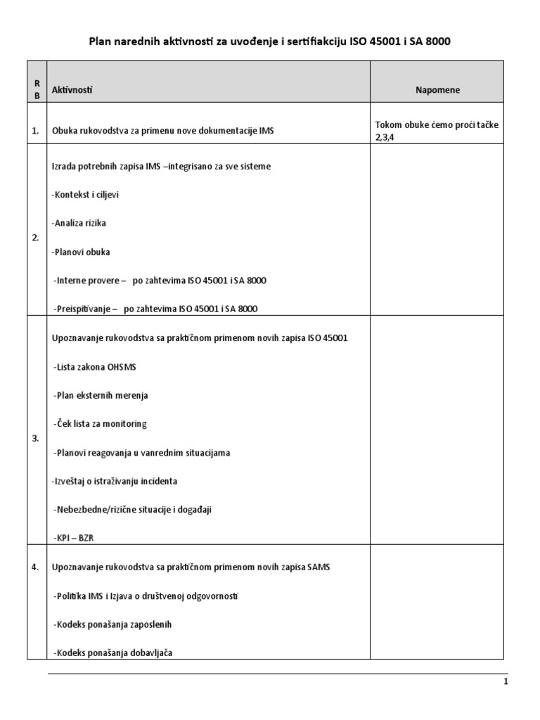 Plan Aktivnosti - ISO 45001 I SA 8000 | PDF