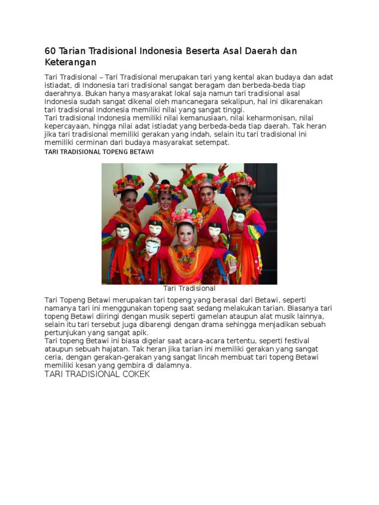 60 Tarian Tradisional Indonesia Beserta Asal Daerah dan Keterangan | PDF 60 Tarian Tradisional Indonesia Beserta Asal Daerah dan Keterangan | PDF