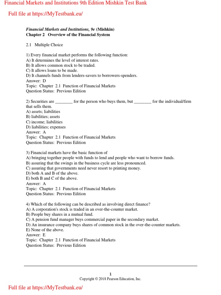 Financial - Markets - and - Institutions - 9th - E Test Bank Sample PDF ...