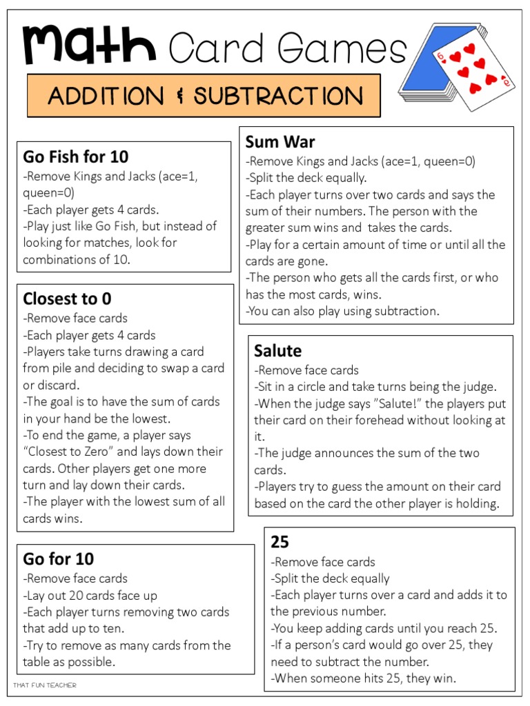 Addition & Subtraction: Math Card Games | PDF | Home & Garden