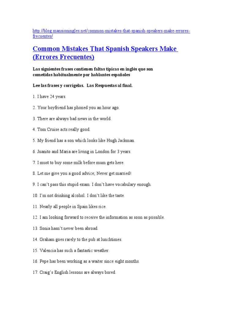 Common Grammatical Errors Made by Spanish Speakers Learning English | PDF
