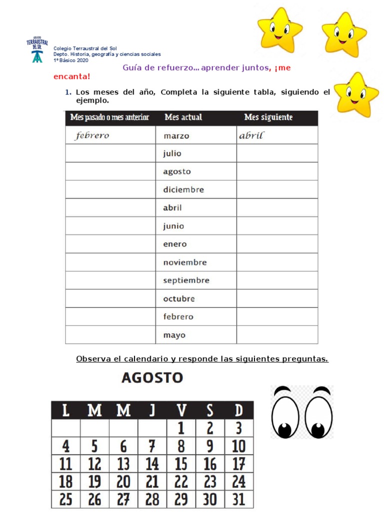 Guía de Refuerzo: Meses y Días de Agosto | PDF | Artes del Lenguaje y ...