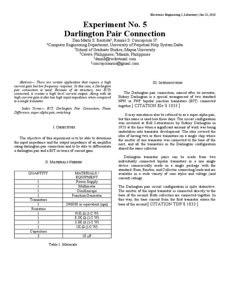 Experiment No. 5 Darlington Pair Connection: (CITATION Ele /L 1033 ...