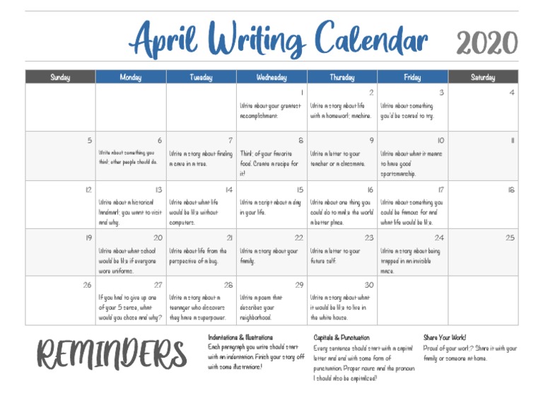 April Writing Calendar | PDF | Syntax | Grammar