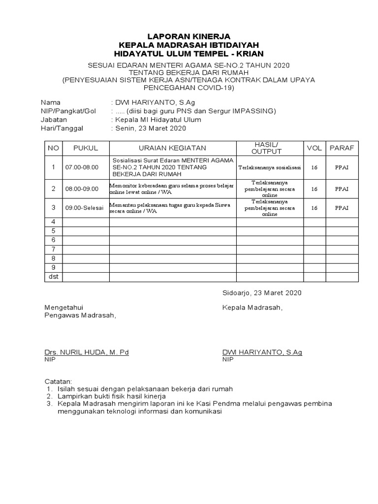 Format Laporan Kinerja Kepala Madrasah | PDF