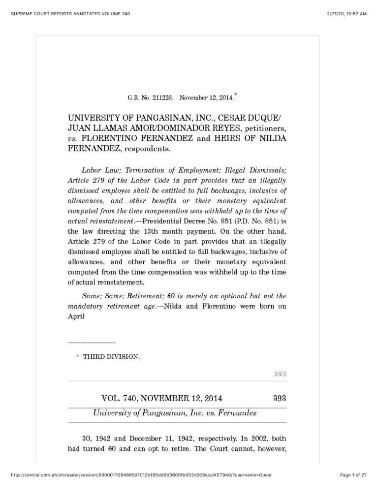 University of Pangasinan, Inc. vs. Fernandez, 740 SCRA 392, November 12 ...