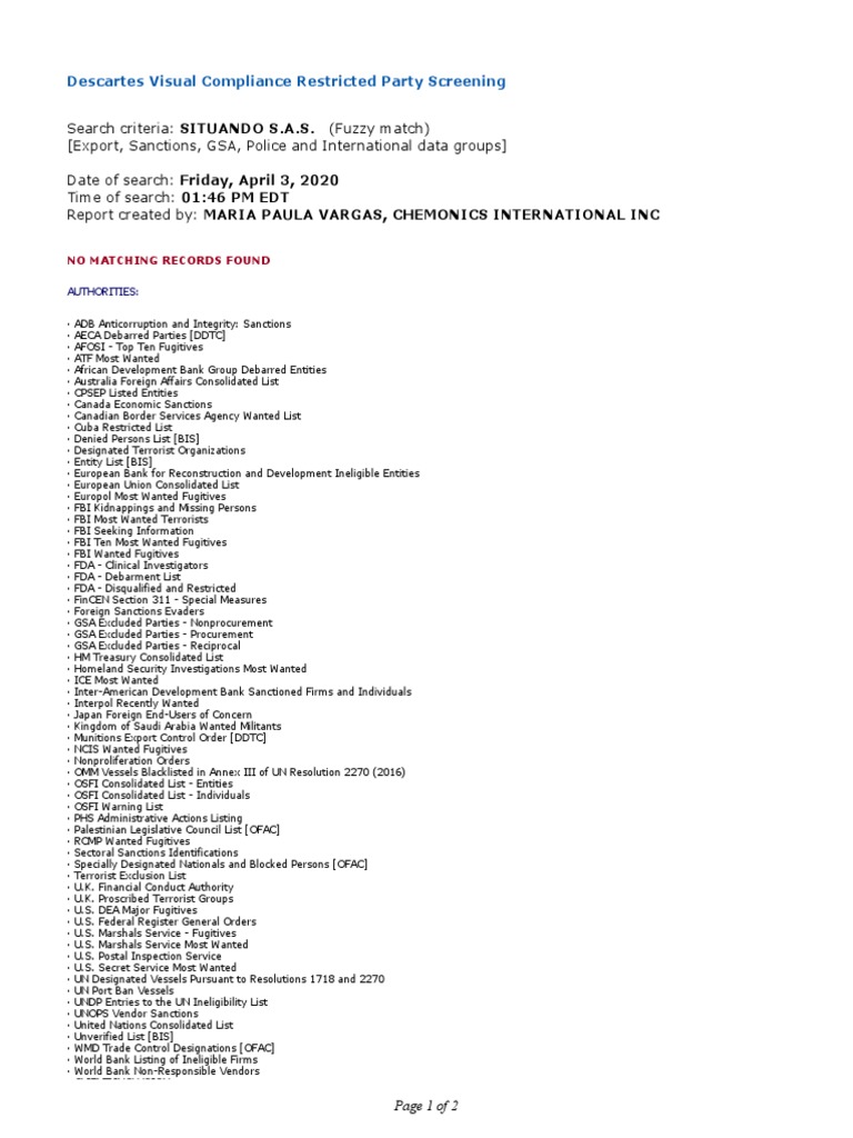 Descartes Visual Compliance Restricted Party Screening: No Matching ...