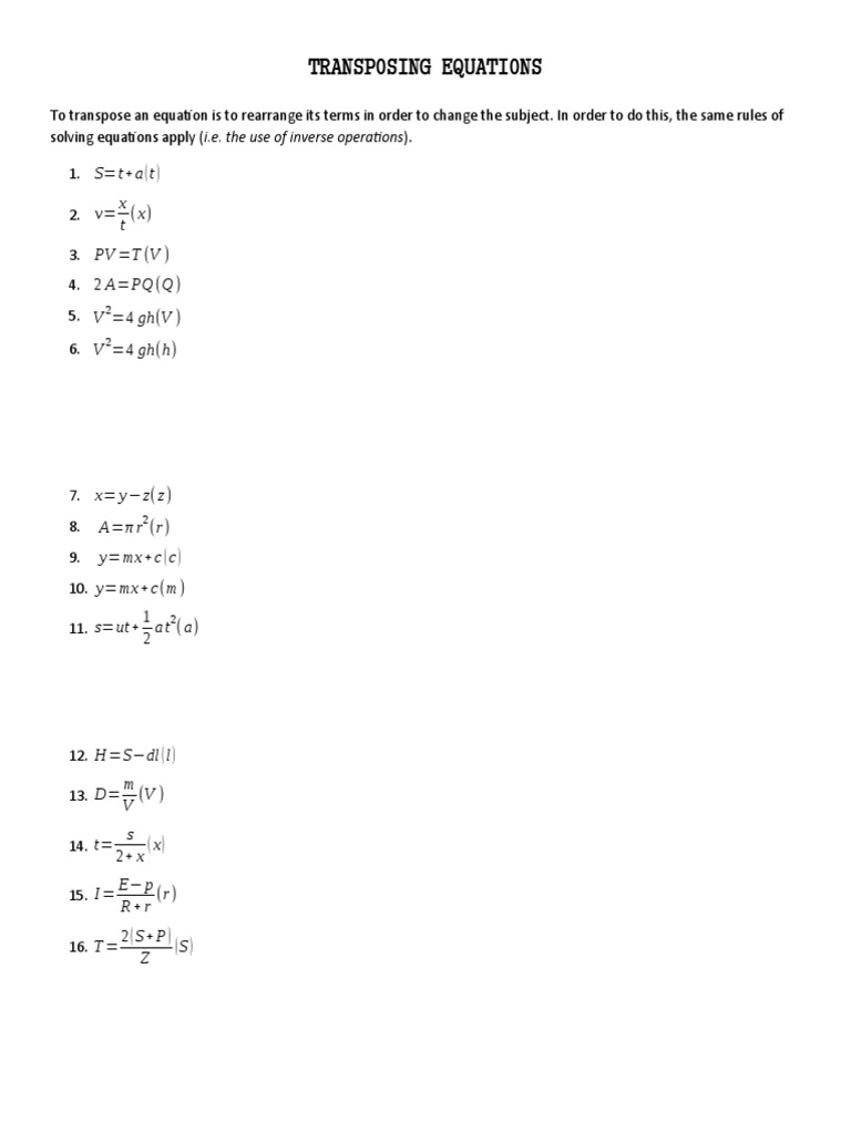 Transposing Equations: S T+a (T) V X T X) PV T (V) | PDF | Elementary Mathematics | Abstract Algebra