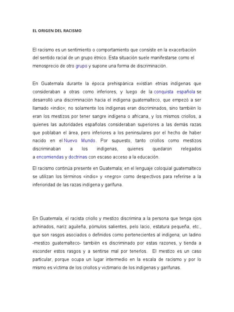 El Origen Del Racismo | PDF | Racismo | Discriminación y relaciones ...